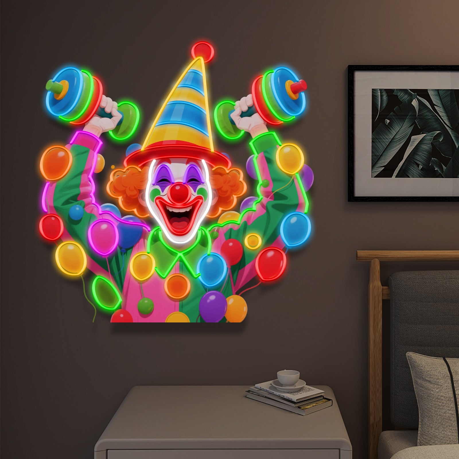 “Strongman of the Circus” Neon Clown Sign – Balloon Suit, Top Hat & Du